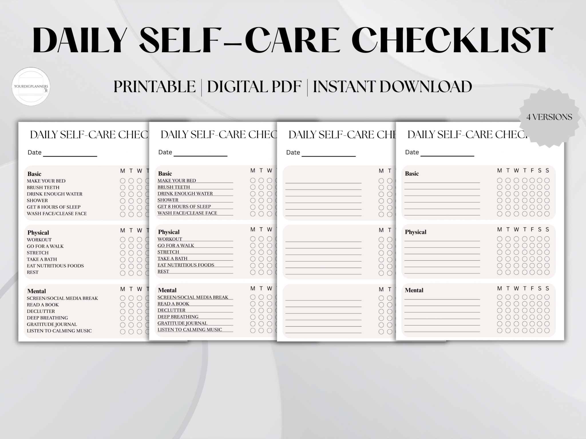Self-Care Checklist – Printable and Digital – YourDigPlannersByJE